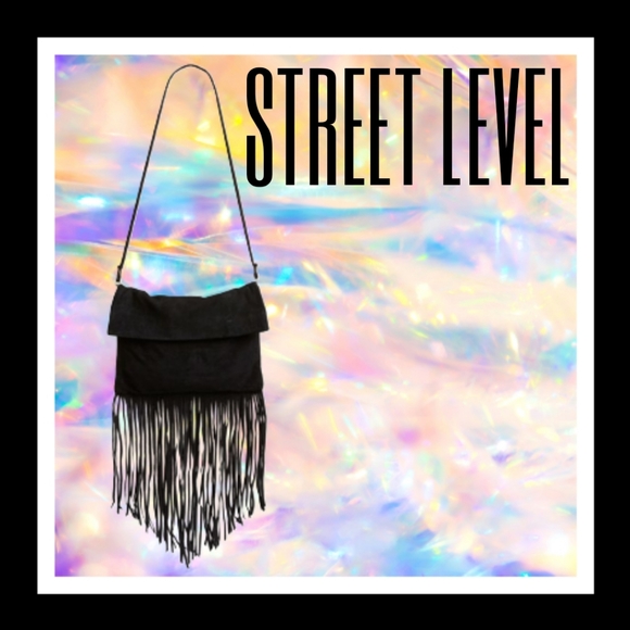 Street Level | Bags | Street Level Foldover Fringe Crossbody In Black ...